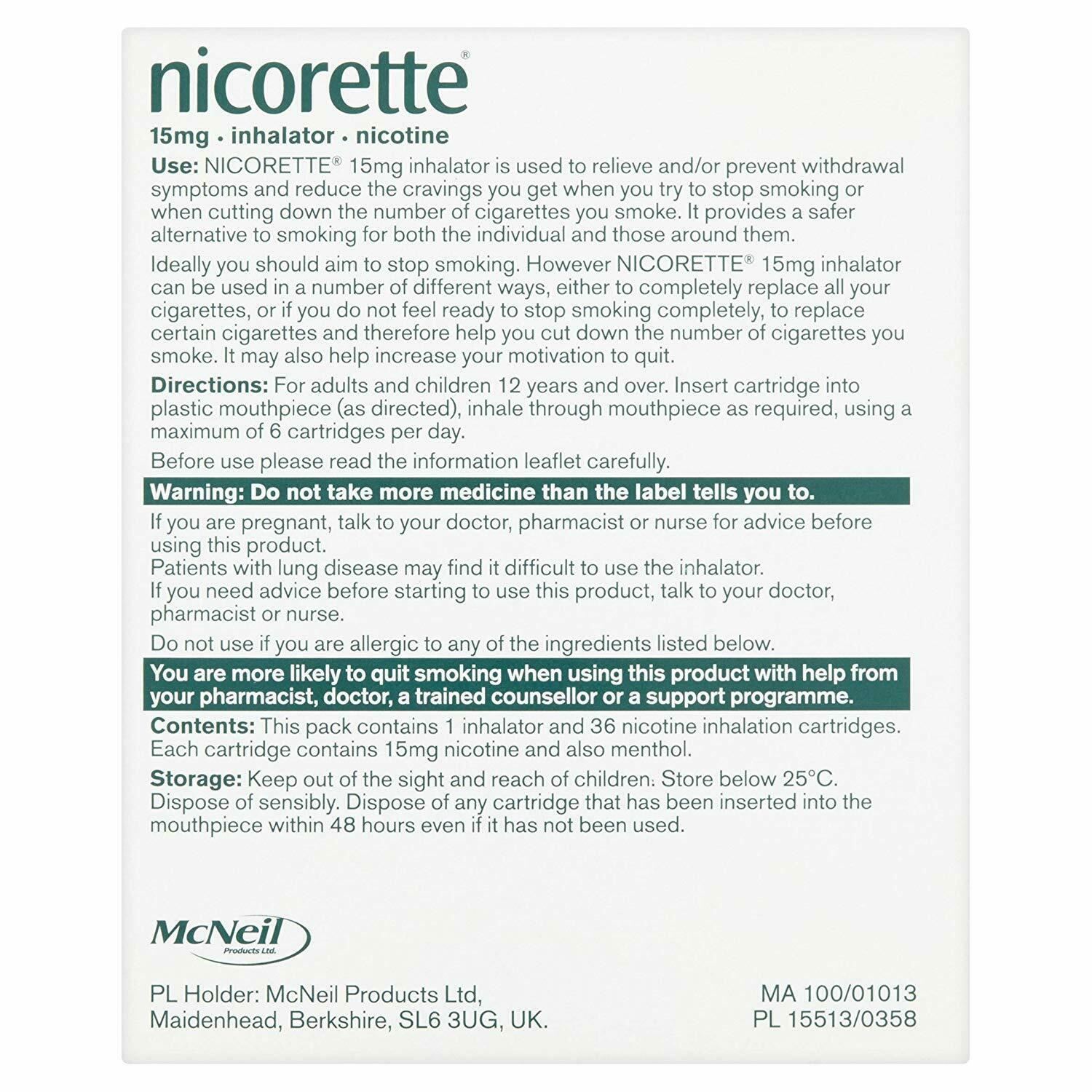 Nicorette Inhalator Nicotne 15 mg 36 Cartridges.Ultior