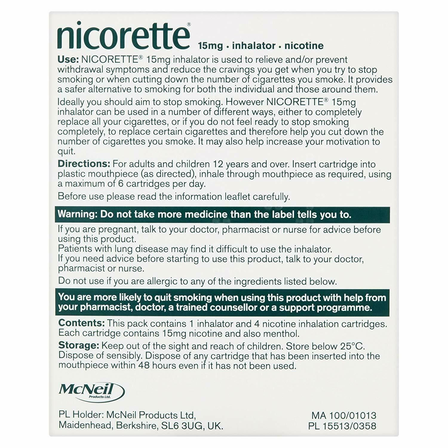 Nicorette Inhalator Starter Pack 15mg, 4 Cartridges.Ultior